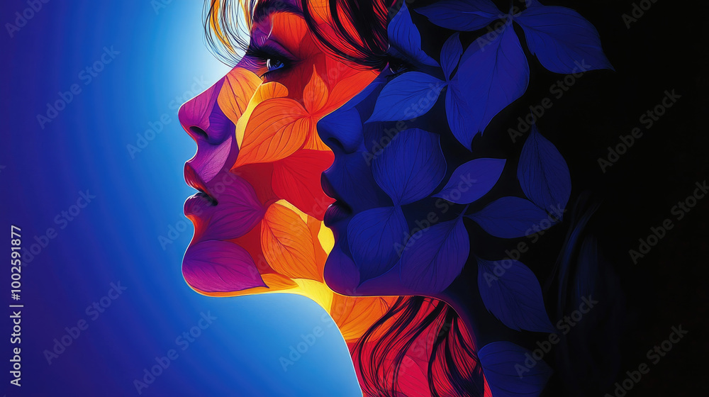 Two profiles merge beautifully with leaf patterns, illuminated by ...