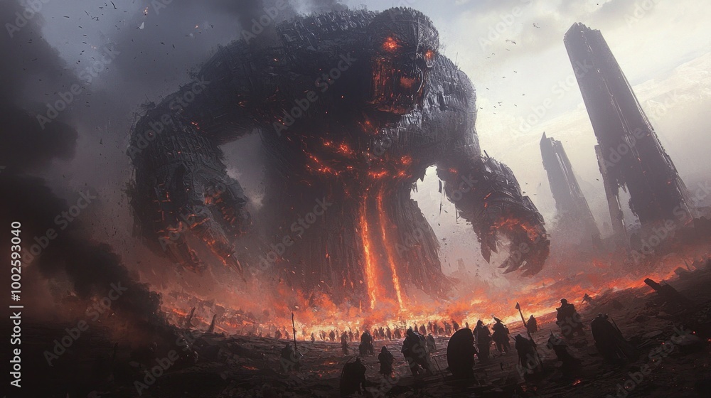 Clash of Titans: Epic Battle of Giant Figures in Chaotic Landscape ...