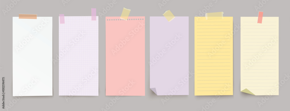 Set of vector realistic color note papers with adhesive tape on ...