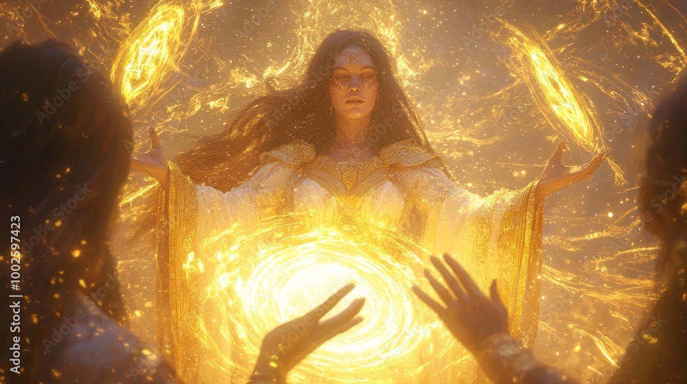 Mystic Sorceress Conjuring Magic with Glow of Ancient Symbols Stock ...