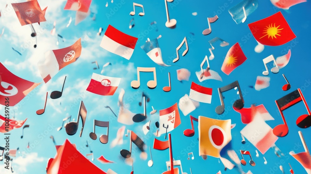 International flags and floating music notes celebrating International ...