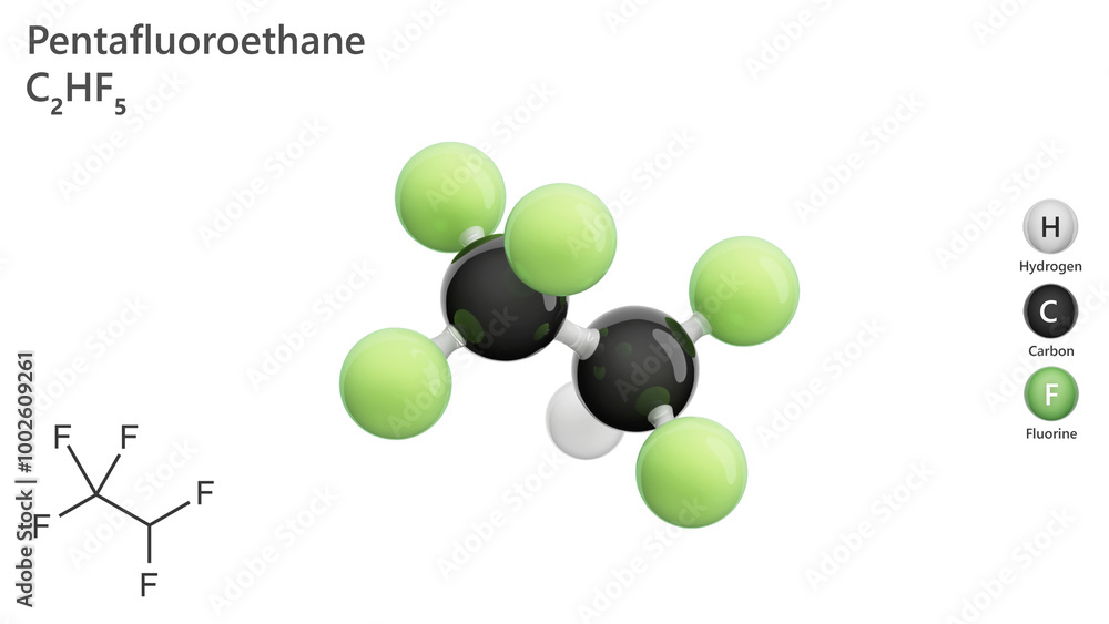 A 3D model of Pentafluoroethane, a nonflammable gas with chemical ...