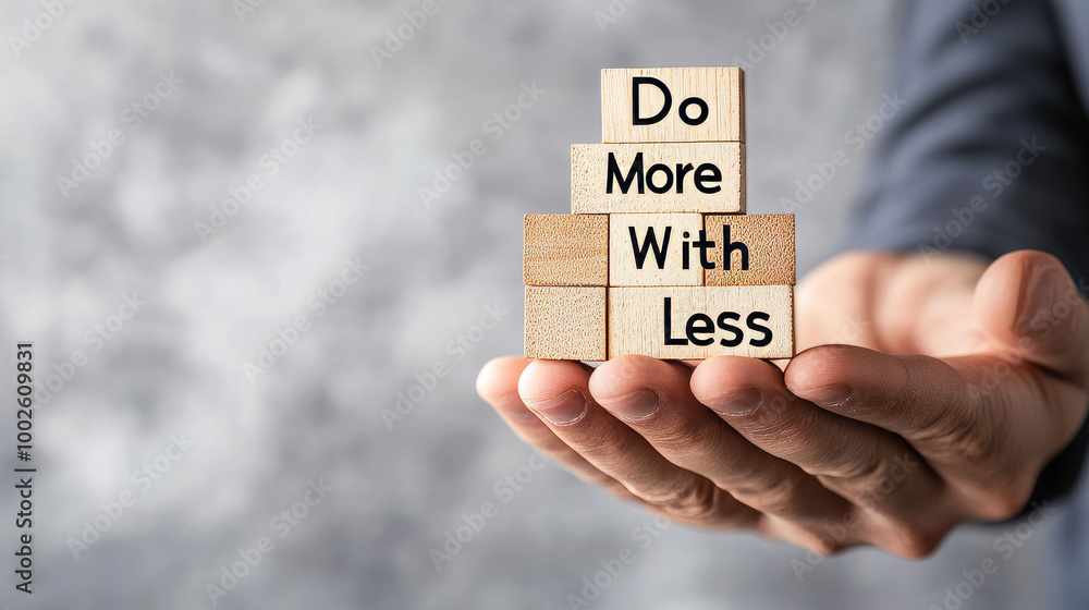 A businessman's hand holds wooden blocks that say "Do More With Less ...