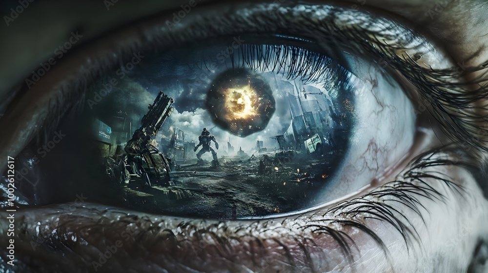 Human eye. In the eye's reflection, depict a futuristic and war-torn ...