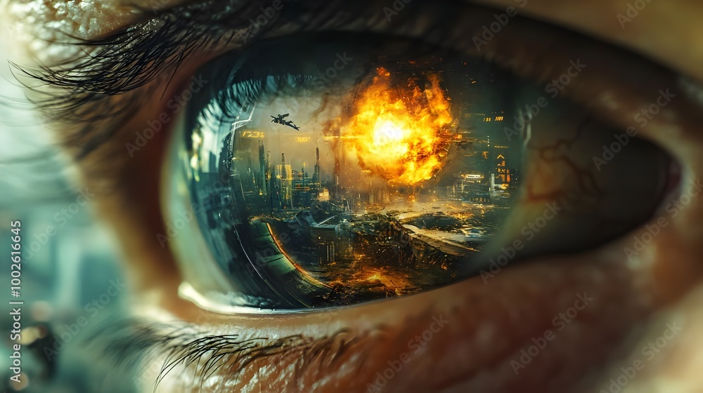 Human eye. In the eye's reflection, depict a futuristic and war-torn ...