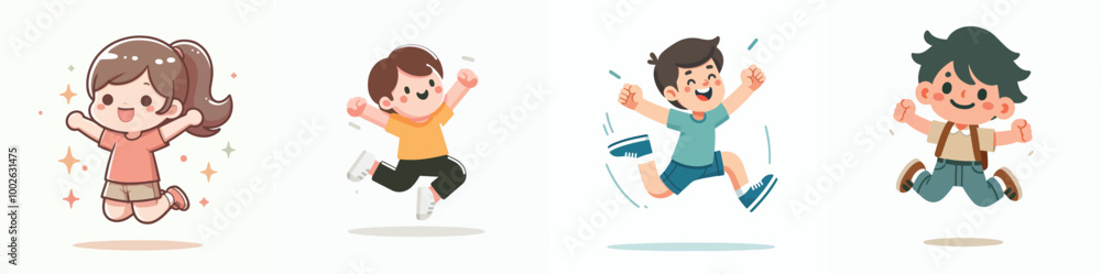 vector set of kid jumping with a simple and minimalist flat design ...
