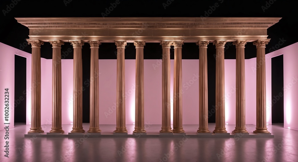Bronze Roman columns highlighted with soft pink lighting against a ...
