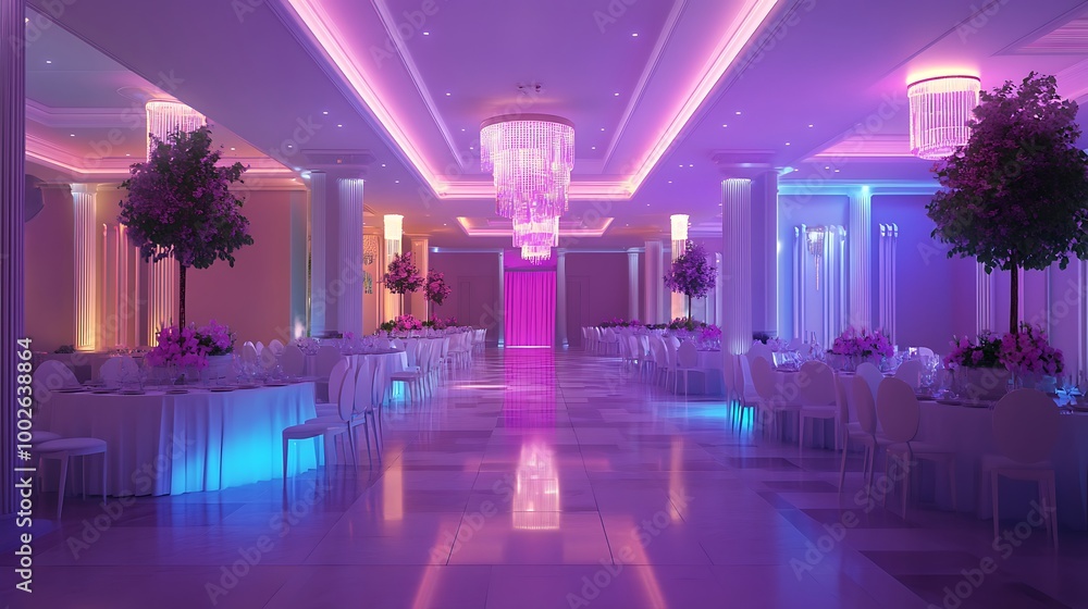 Elegant ballroom with pink and blue lighting, chandeliers, white linens ...