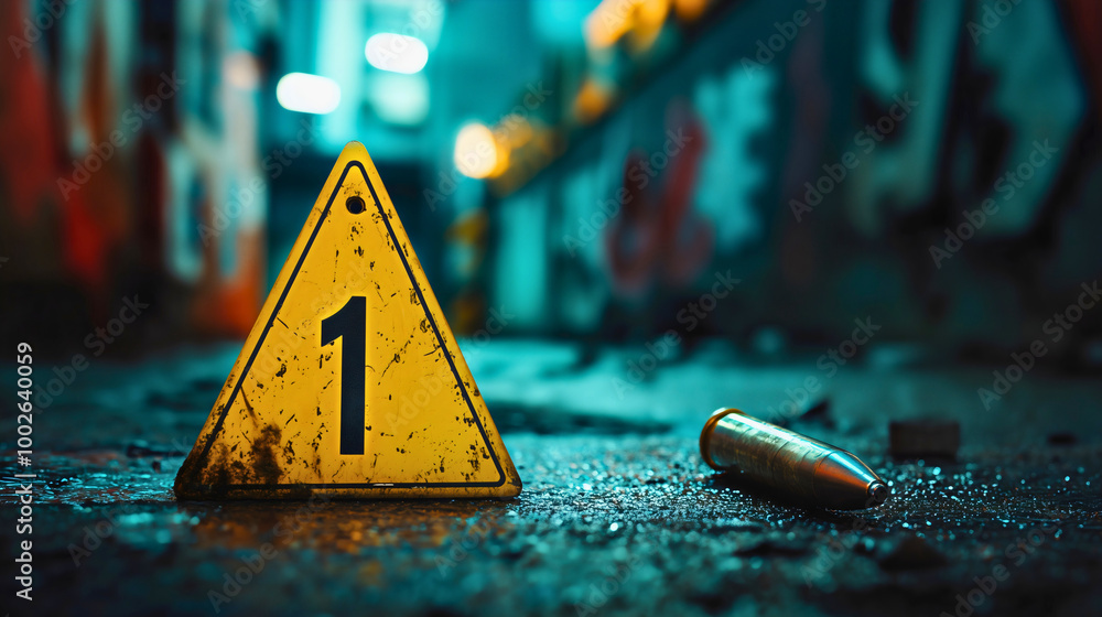Crime scene marked with a number one to indicate the first incident ...