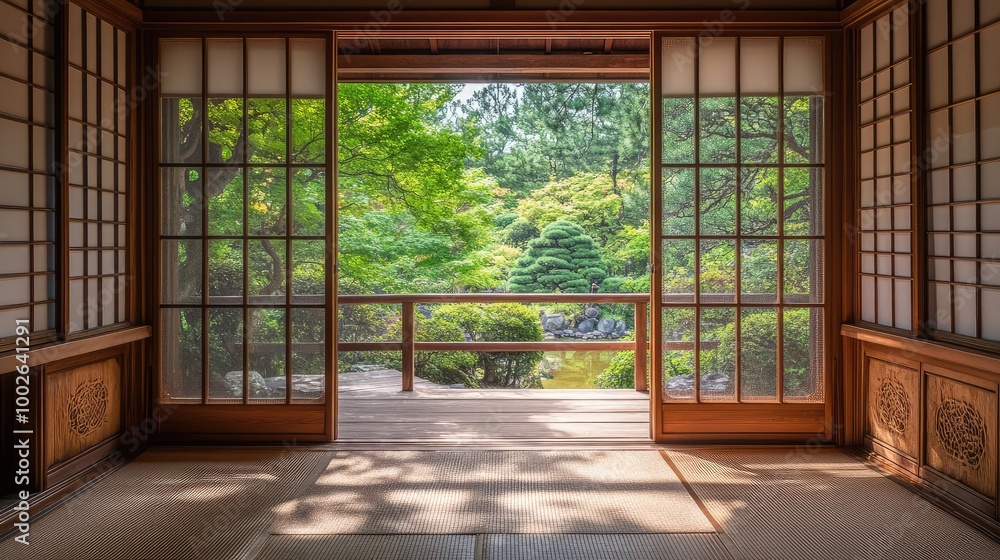 A traditional Japanese balcony with wooden sliding doors, tatami mats ...