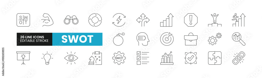 Set of 26 SWOT Analysis line icons set. SWOT Analysis outline icons ...