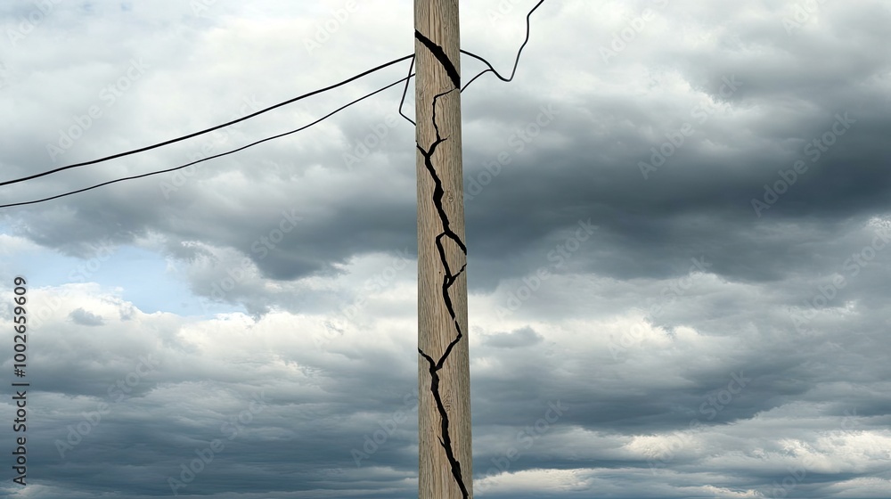 This view showcases a broken telephone pole leaning to the side, with ...
