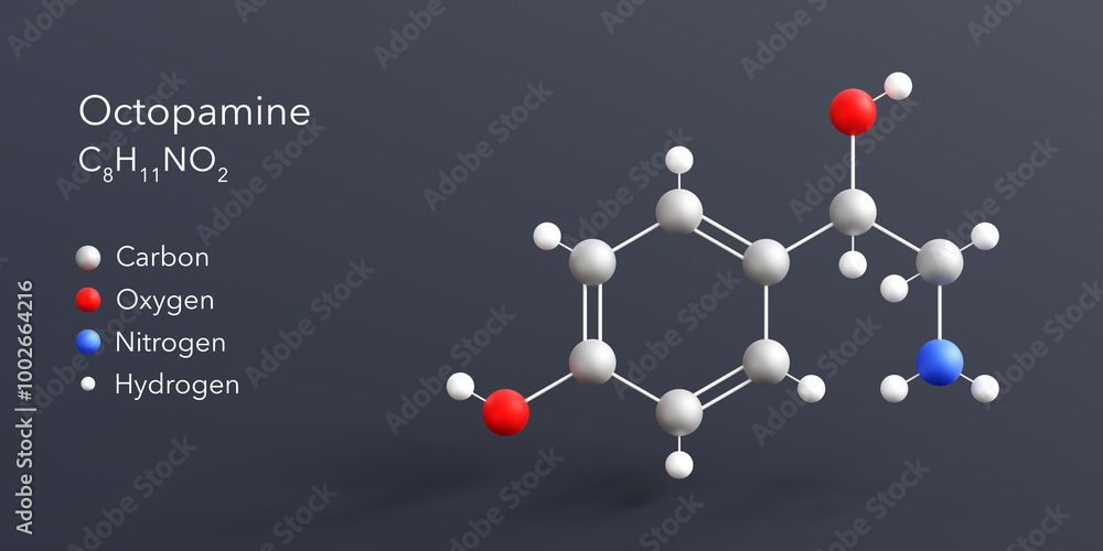 octopamine molecule 3d rendering, flat molecular structure with ...