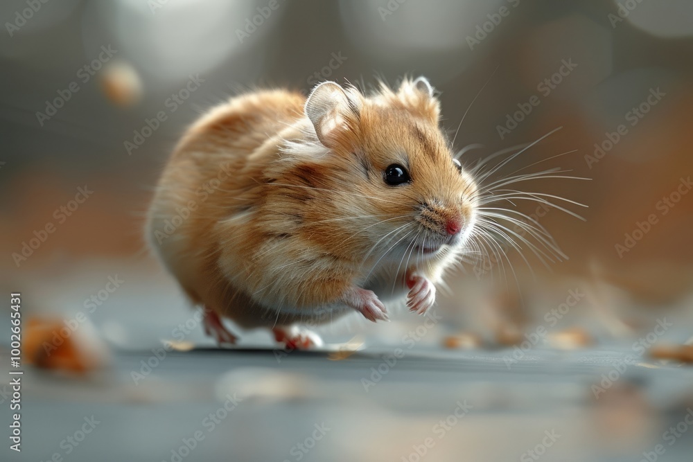 Side view of a hamster running on a wheel, the hamster's fluffy fur in ...