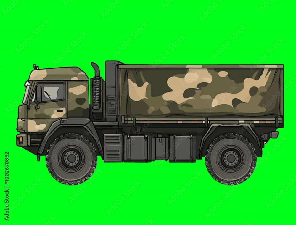 2d animation military truck driving on the road. army car side view ...