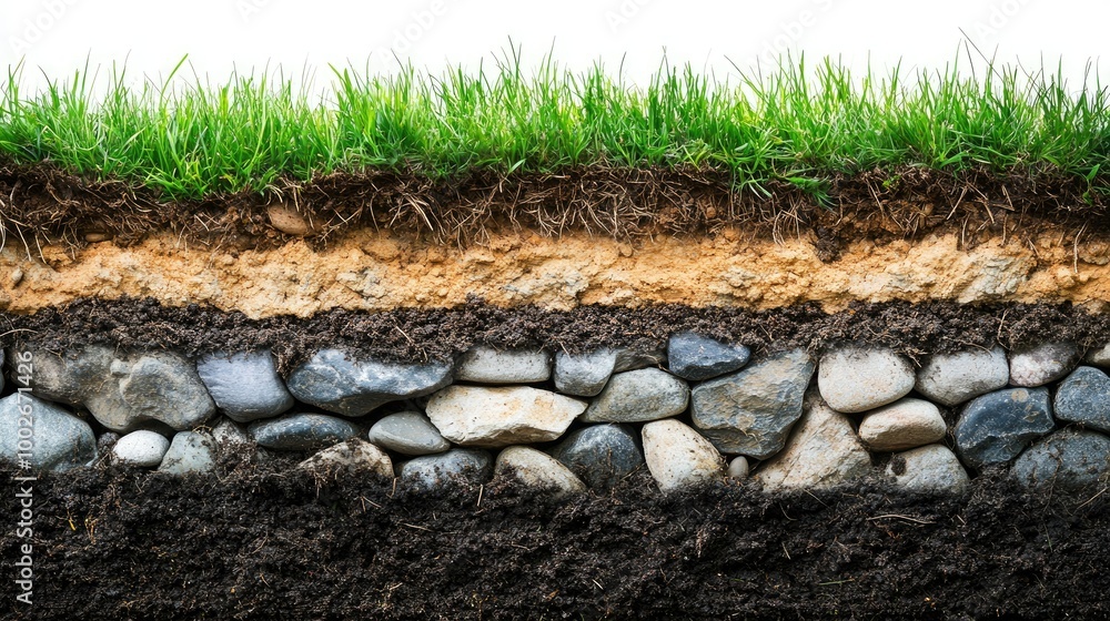 Grass and earth cross-section with distinct layers of topsoil, subsoil ...