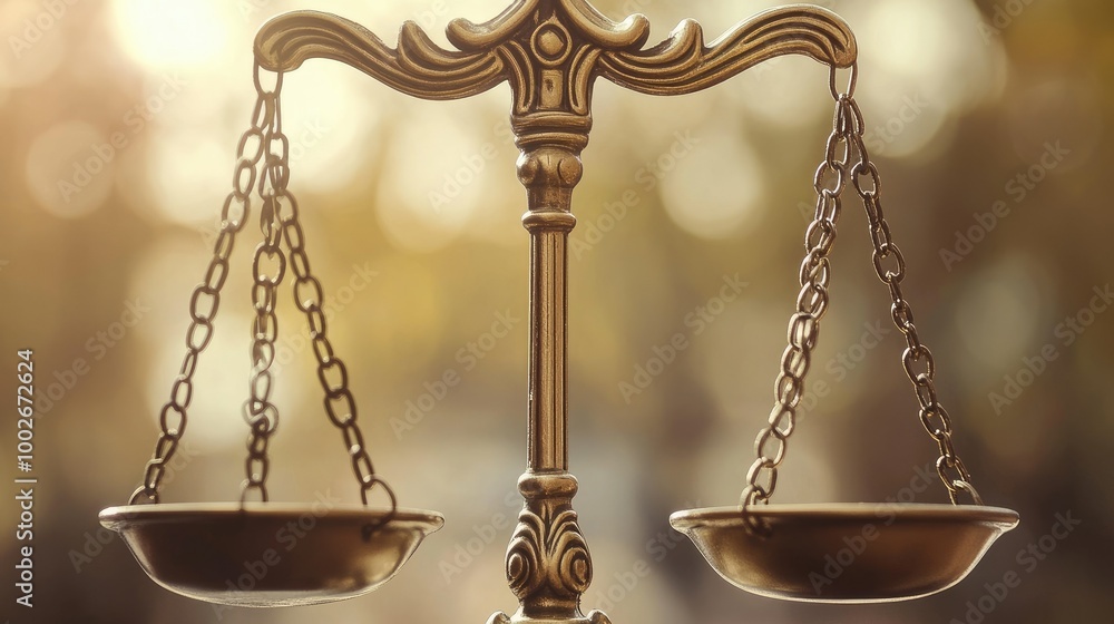 Iconic balance scales of justice, shown in close-up with a soft focus ...