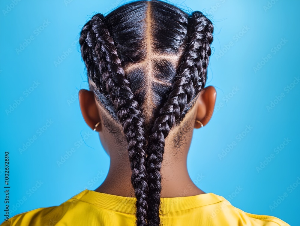 A woman with a black braided hairstyle. The braids are in a V shape and ...