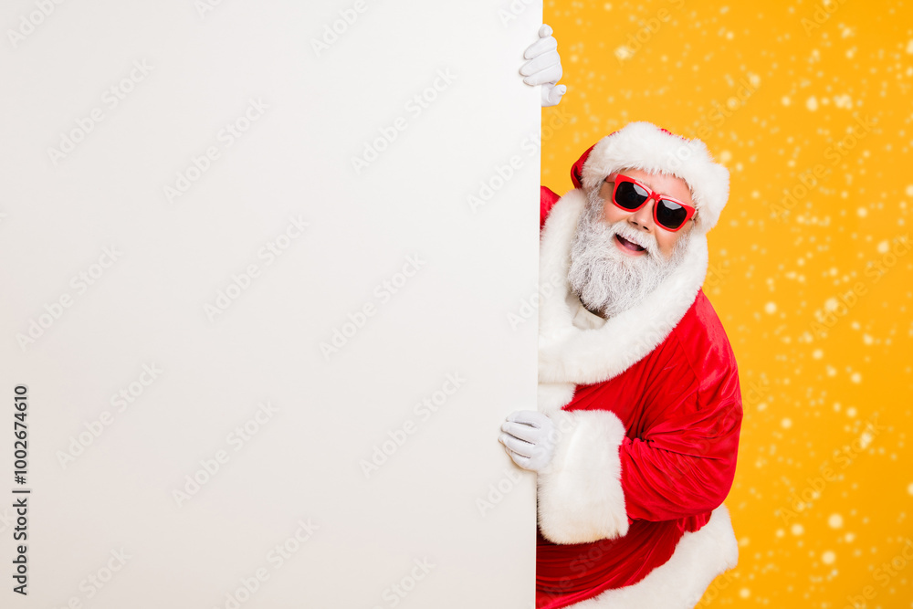 Portrait of funny funky christmas father in red hat headwear look ...