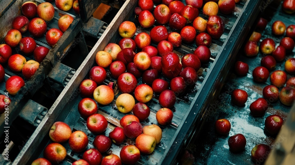 Overhead view of apples being processed and sorted by size and color in ...