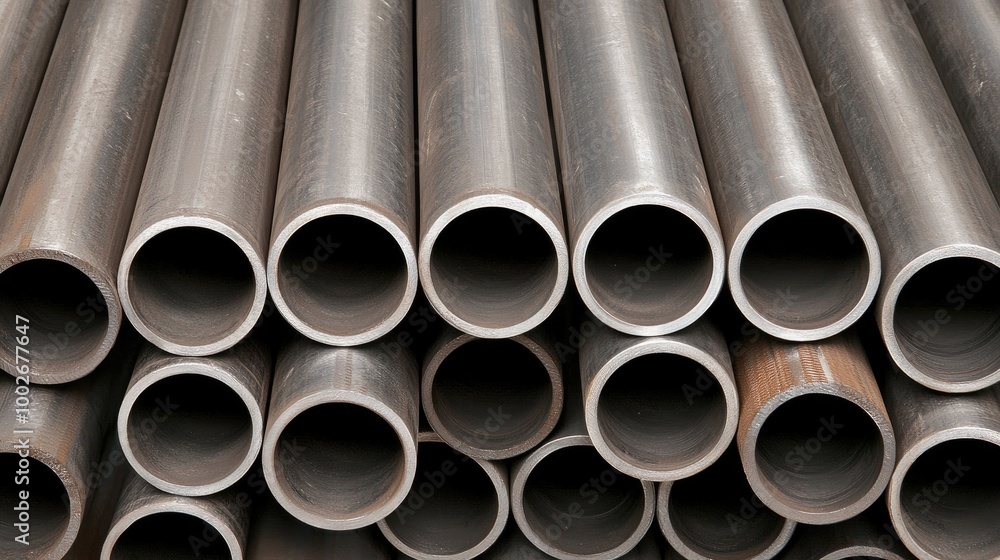 Steel pipes of various sizes are neatly stacked in a warehouse, ready ...