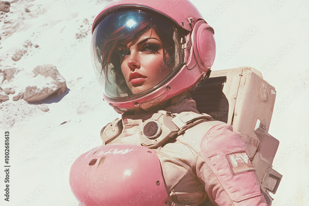 Portrait Of A Beautiful Woman In A Dusty Pink Spacesuit With Helmet Highlighting Futuristic Sci