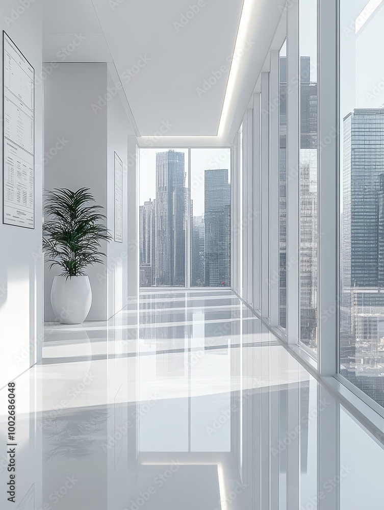 Minimalist white office environment with natural light streaming ...