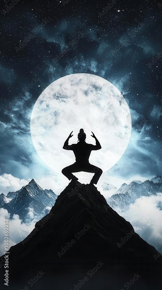 Shiva in Tadasana mountain pose, standing tall on a peak, merging with ...