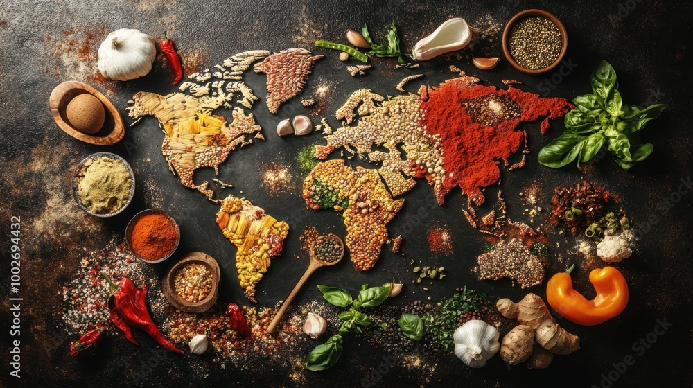 A map of the world made from various food ingredients, showcasing the ...