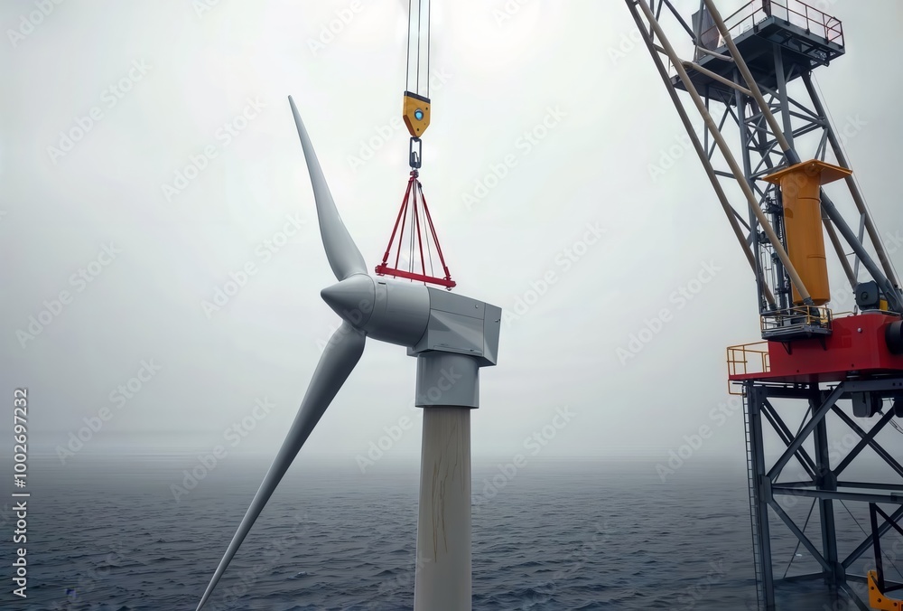 Offshore Wind Turbine Construction. A large construction crane lifts a ...