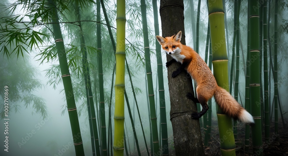 Charming fennec fox climbing a tree in a vibrant bamboo forest shrouded ...