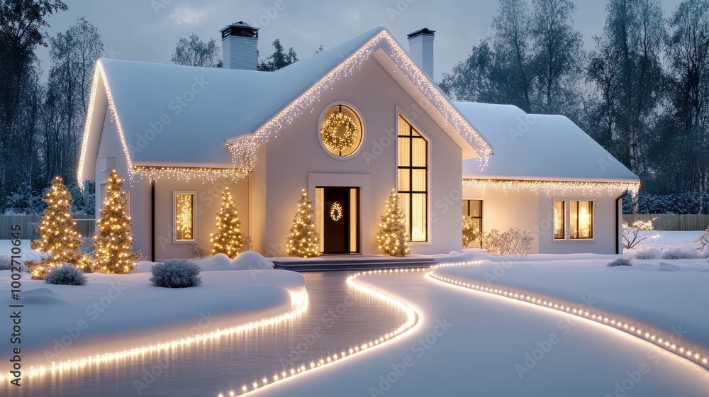 Elegant white Christmas lights outlining the roof and windows of a home ...