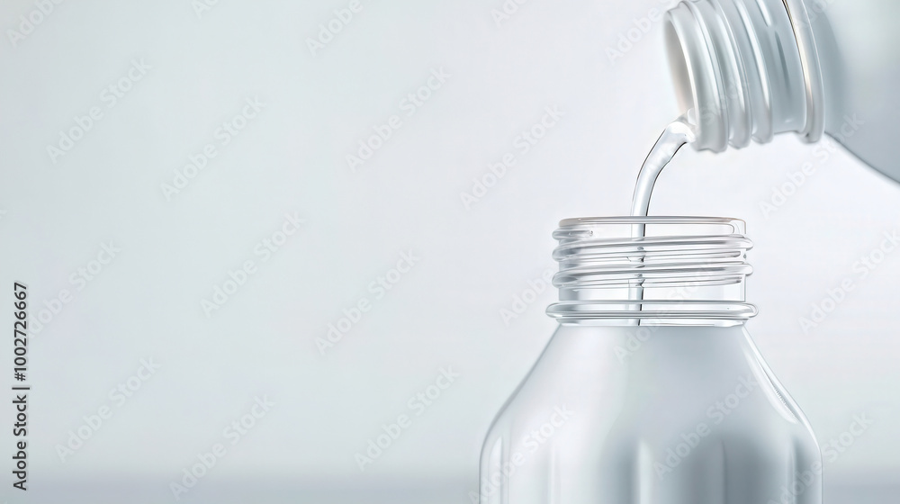 Tilted glass laundry detergent bottle pouring liquid, transparent ...