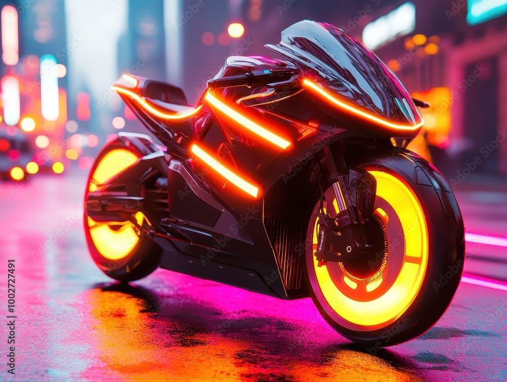 Streamlined motorcycle with levitating wheels, a glowing underbody, and ...