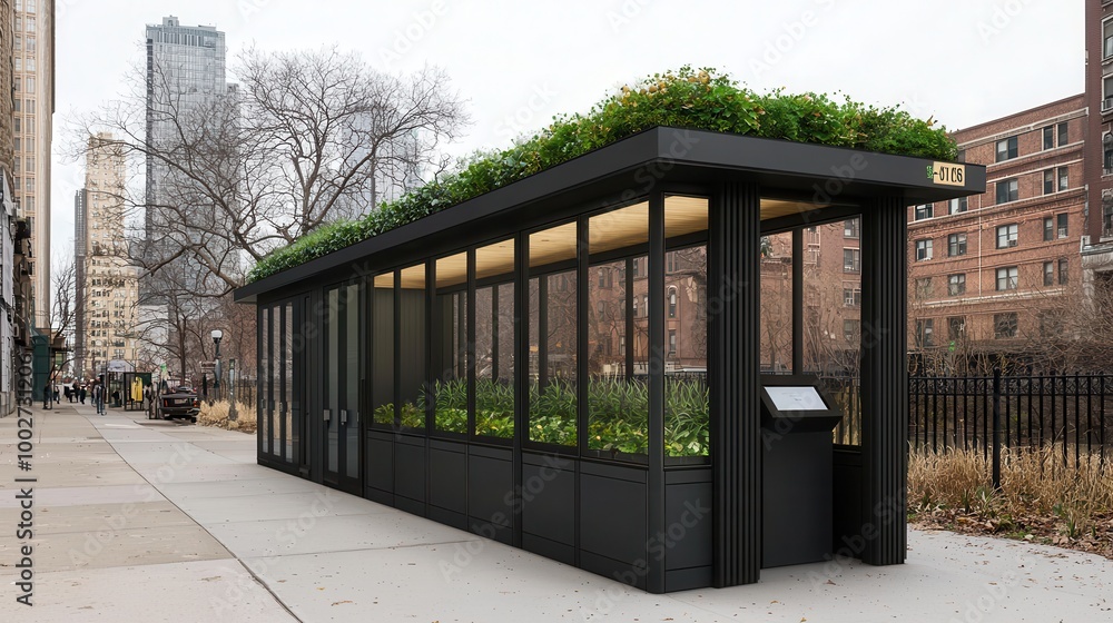 Eco-friendly bus stop with a green roof garden, energy-harvesting ...