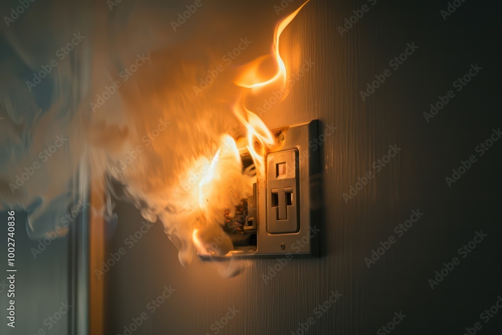 Electrical fire hazard scene depicts burning outlet with sparks, smoke ...