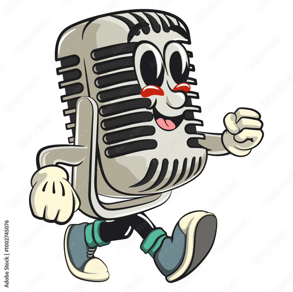 vintage microphone cartoon character mascot retro vector design walking ...
