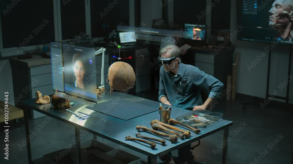 Advanced archaeological lab: Archaeologist in VR headset studies fossil ...