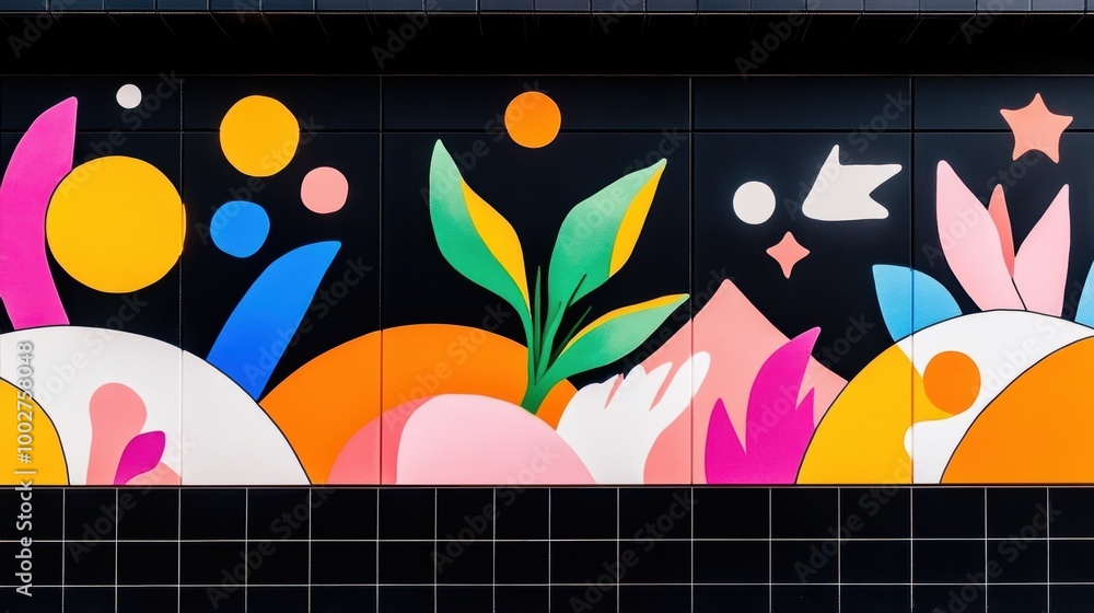 A surreal graffiti mural on a building, depicting a vibrant scene with ...