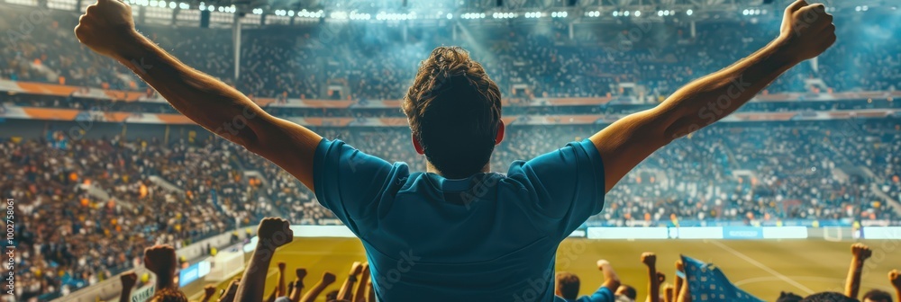 Soccer match excitement as a player in blue jersey raises arms in ...