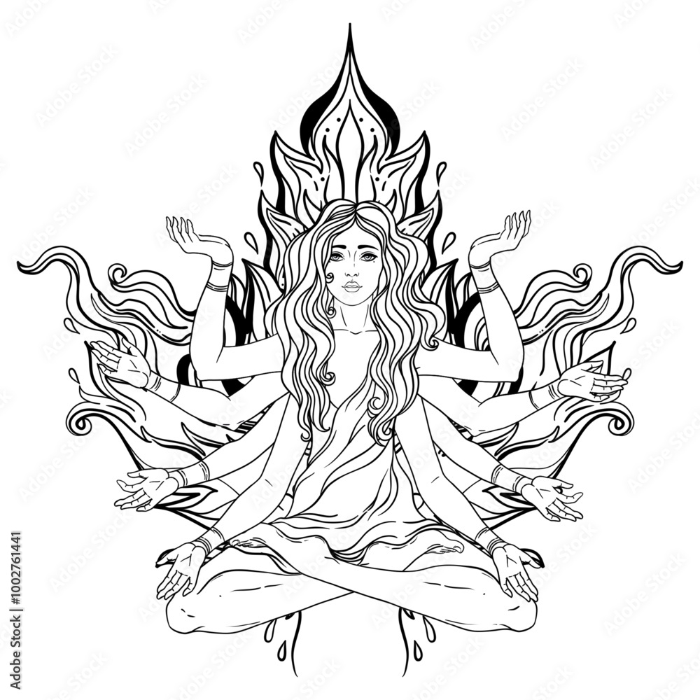 Beautiful woman with long hair and multiple hands sitting in lotus yoga ...