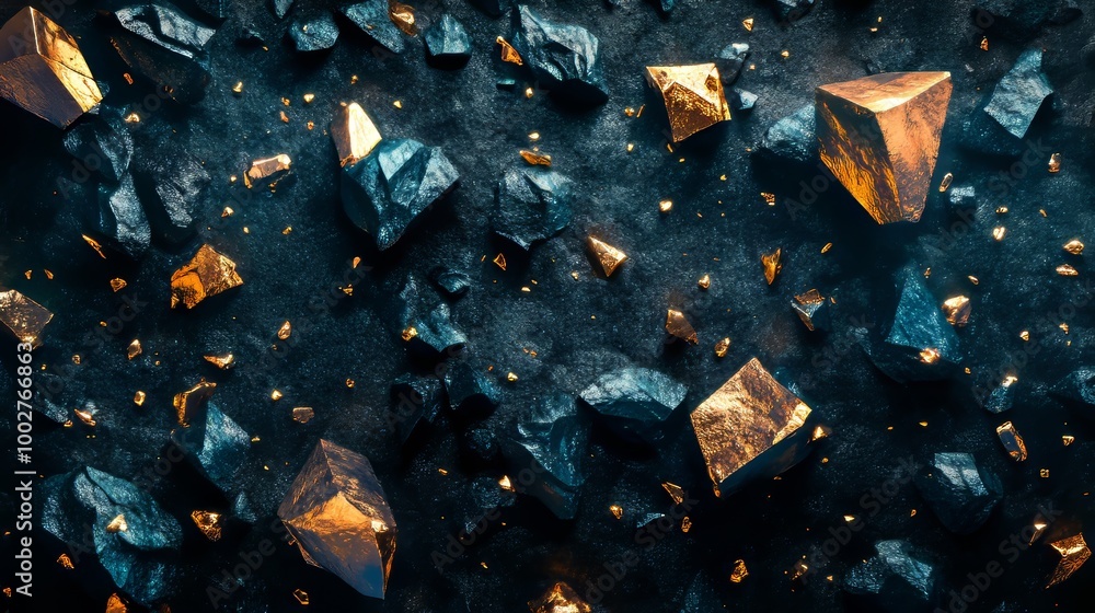 Render of 3D rocks, ruins, gold nuggets, and geometric shapes in ...
