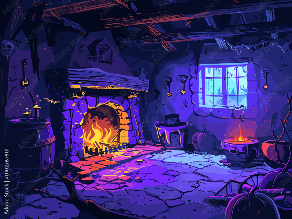 Witch hut. Sorcerer basement, fireplace inside old stone castle scary ...