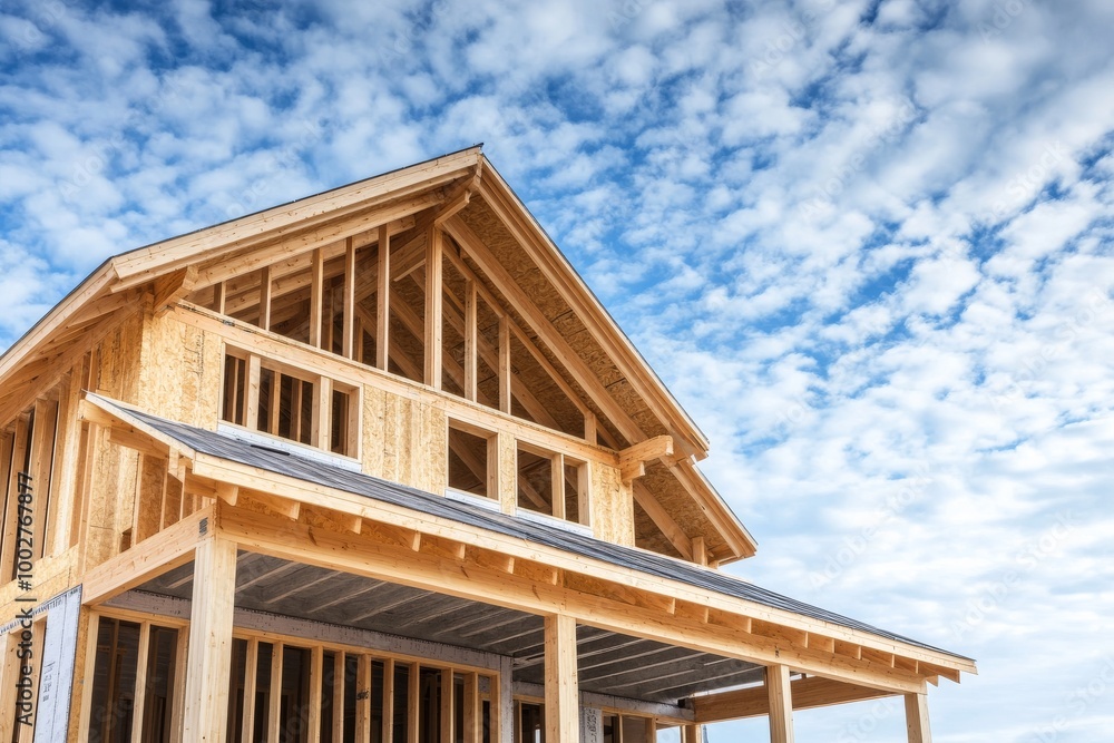 Newly built roof with wooden posts and beams with a blue sky in Humble ...