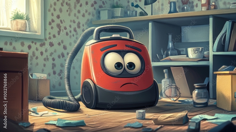 Sad cartoon vacuum cleaner with droopy eyes, sitting unused in a messy ...