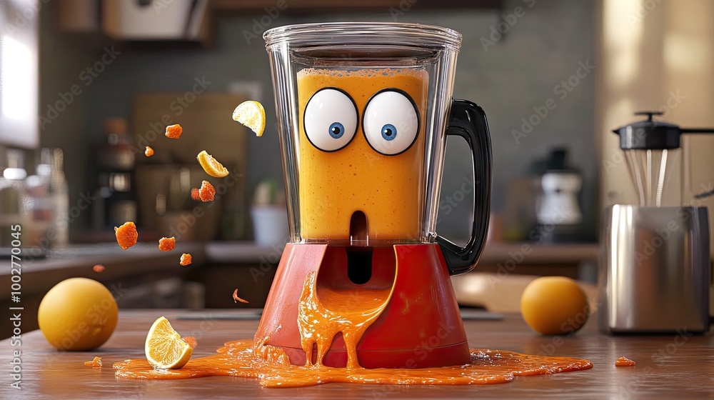 Surprised cartoon blender with wide eyes, accidentally blending too ...
