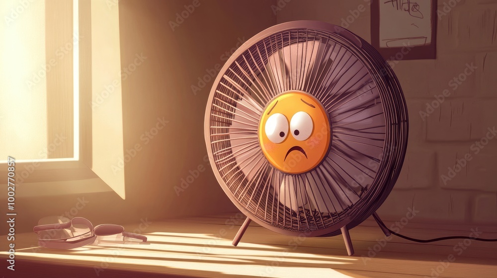 Tired cartoon fan slowly spinning with sleepy eyes, exhausted after ...