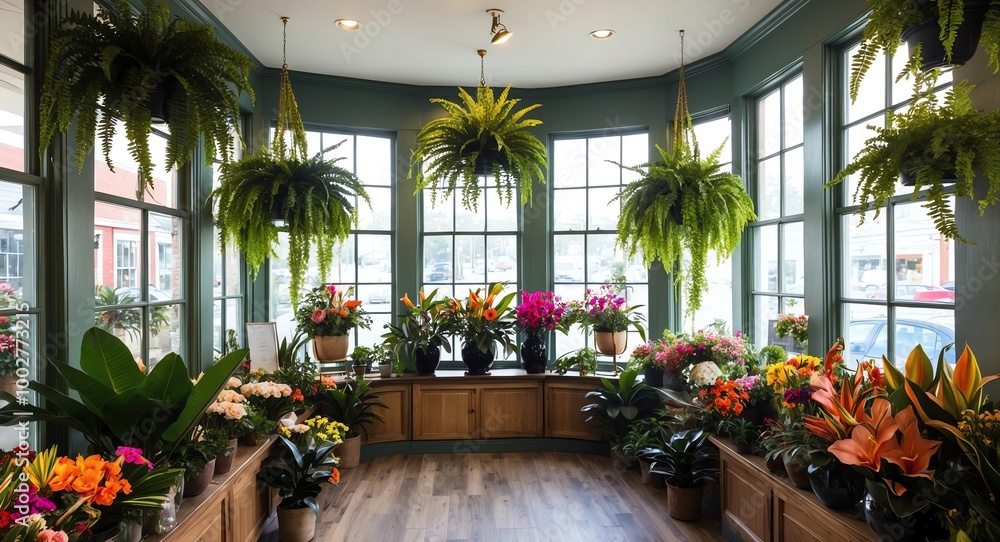 Cozy small town flower shop with large bay windows tropical plants ...