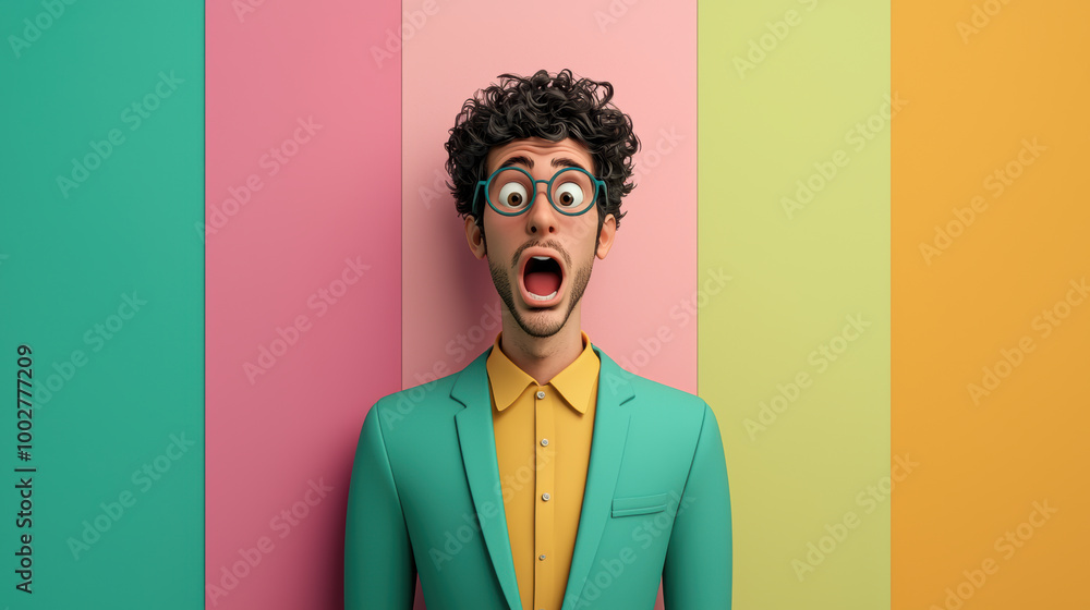 3D cartoonstyle man with shocked face, A surprised man with curly hair ...
