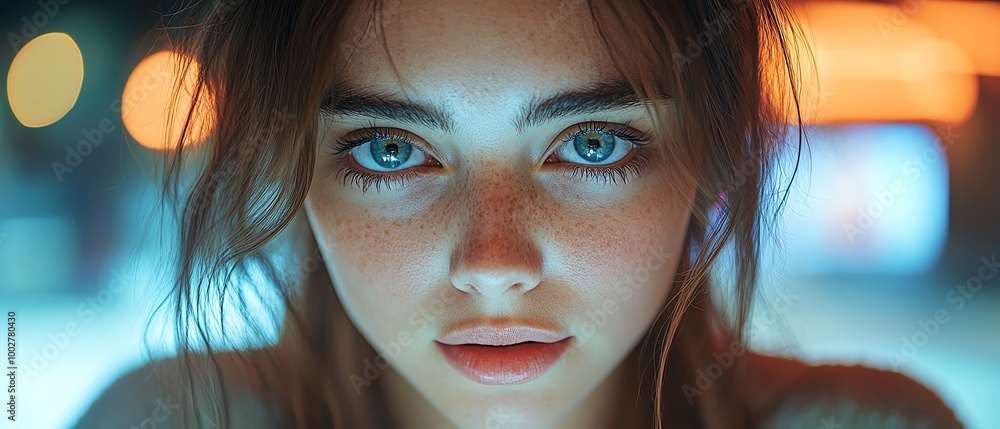 A woman scrolling through social media on her phone, her eyes filled ...